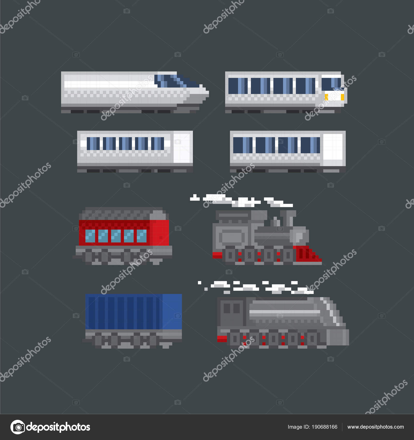 Locomotive, train, rail road pixel icon set. Pixel art. Old school ...