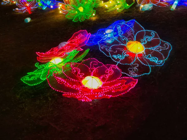 Beautiful glowing artificial flowers. garden light installations ...