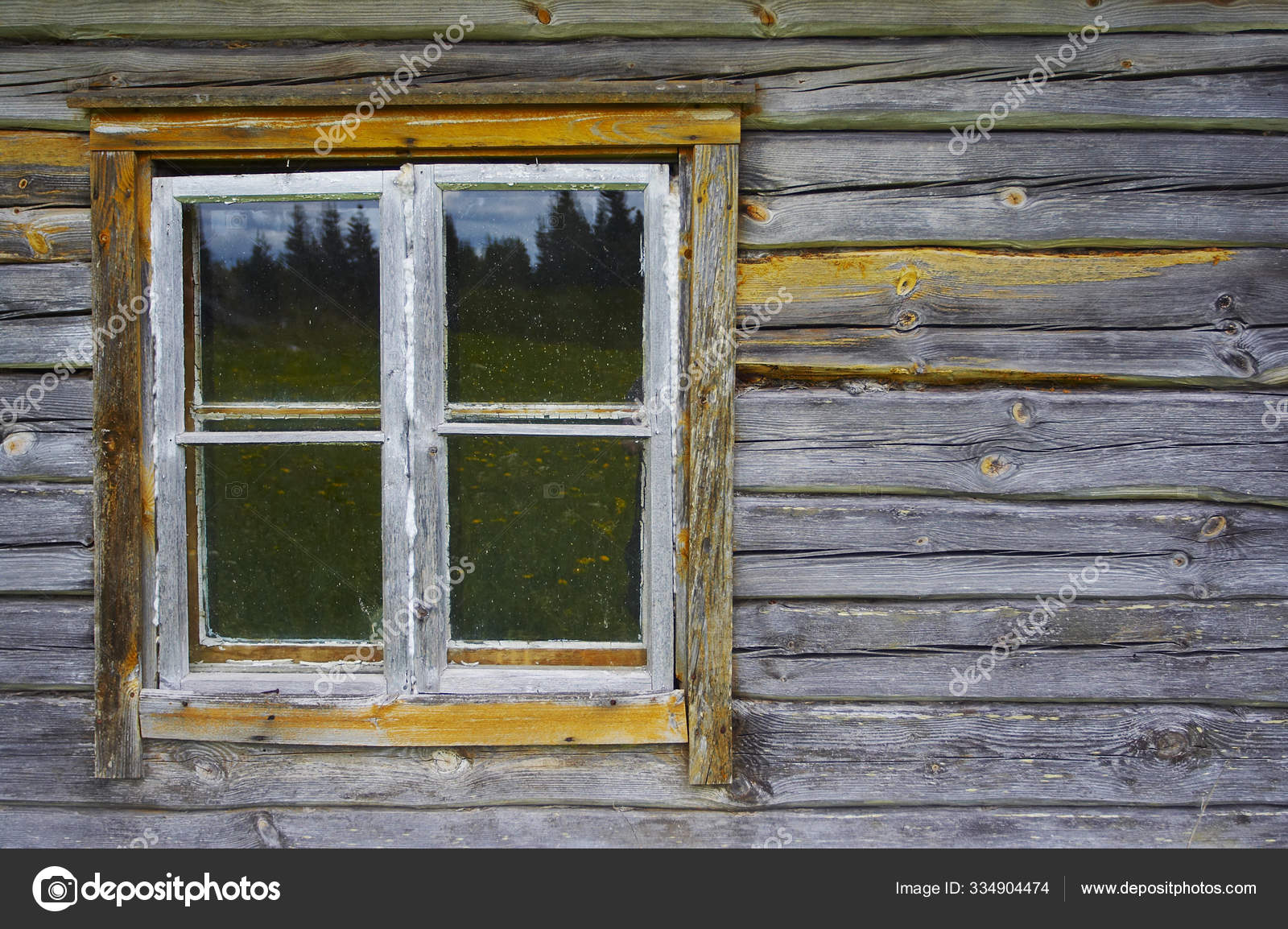 Ancient Wood Cabin Window Reflecting Summer Landscape Stock Photo by ...