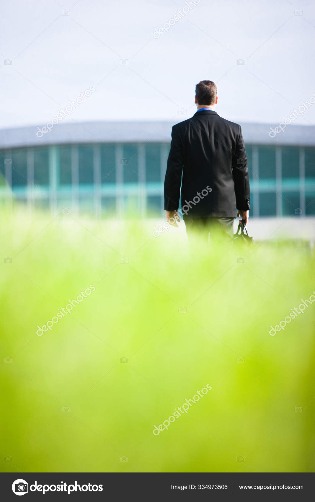 Rear View Businessman Walking Grass Building — Stock Photo ...