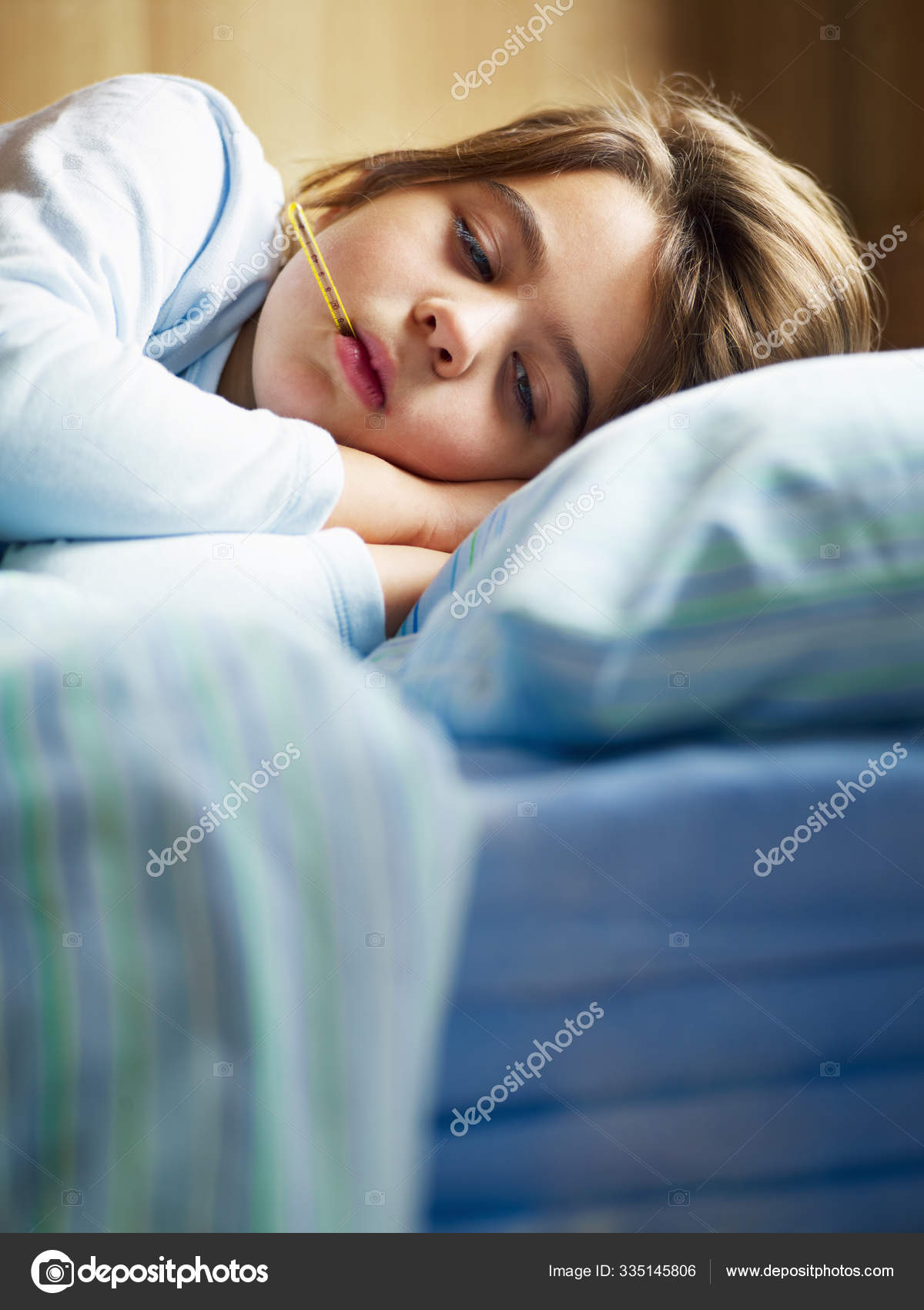 Girl Taking Temperature Bed Copy Space Stock Photo by ...