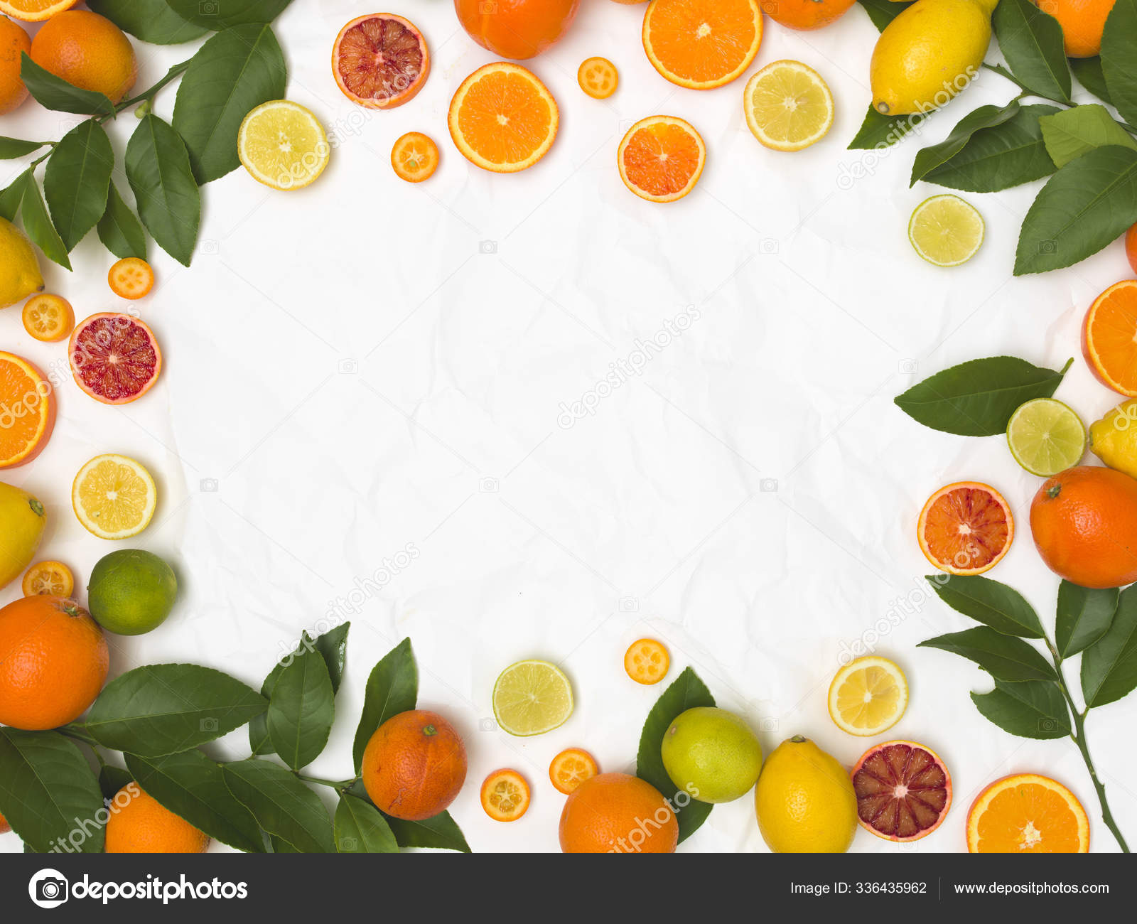 Lot Different Fresh Citrus Fruits White Crumpled Paper Background ...