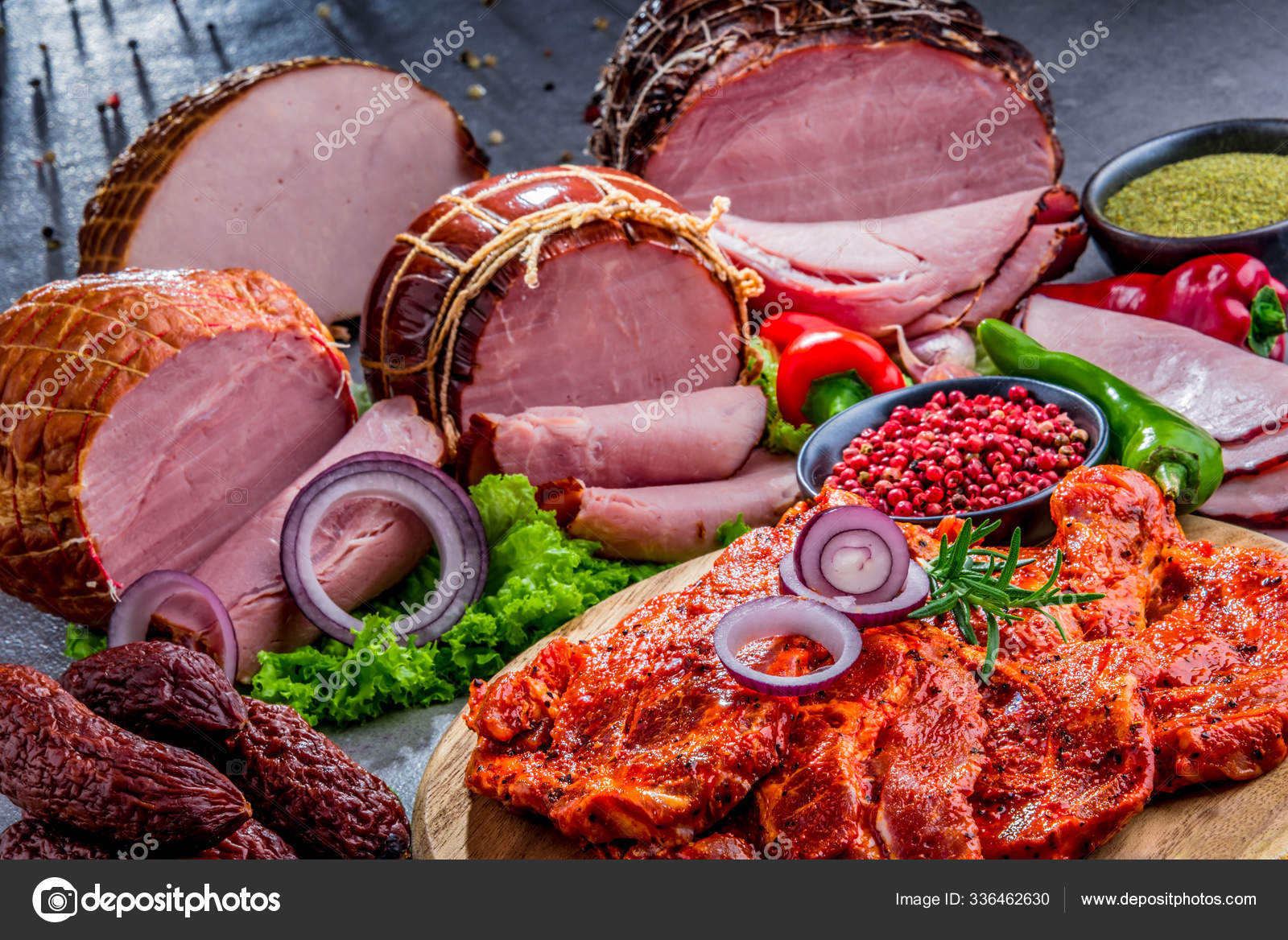 Composition Assorted Meat Products Including Ham Sausage Chuck Steak ...