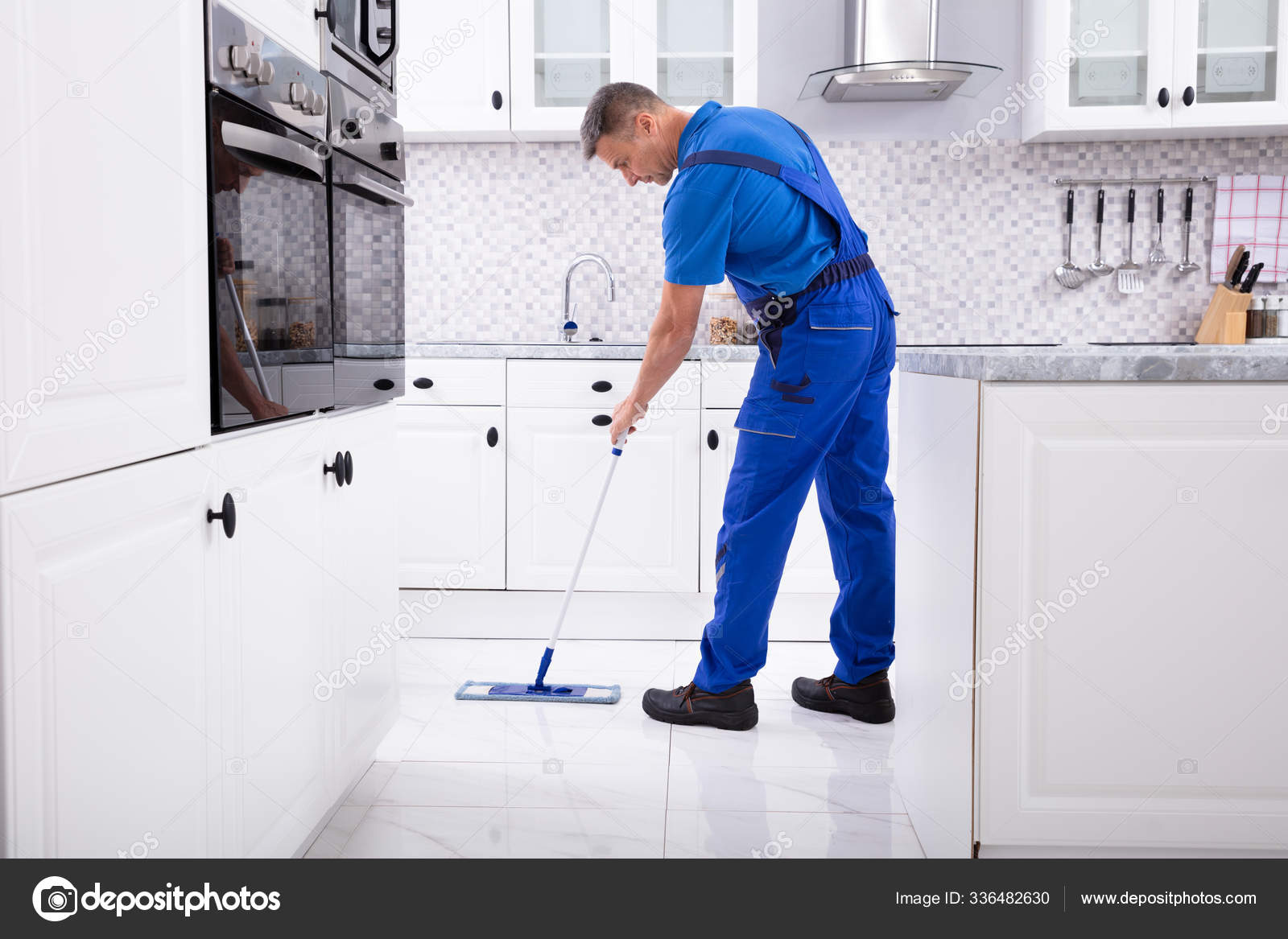 Side View Male Janitor Cleaning White Floor Mop Kitchen — Stock Photo ...
