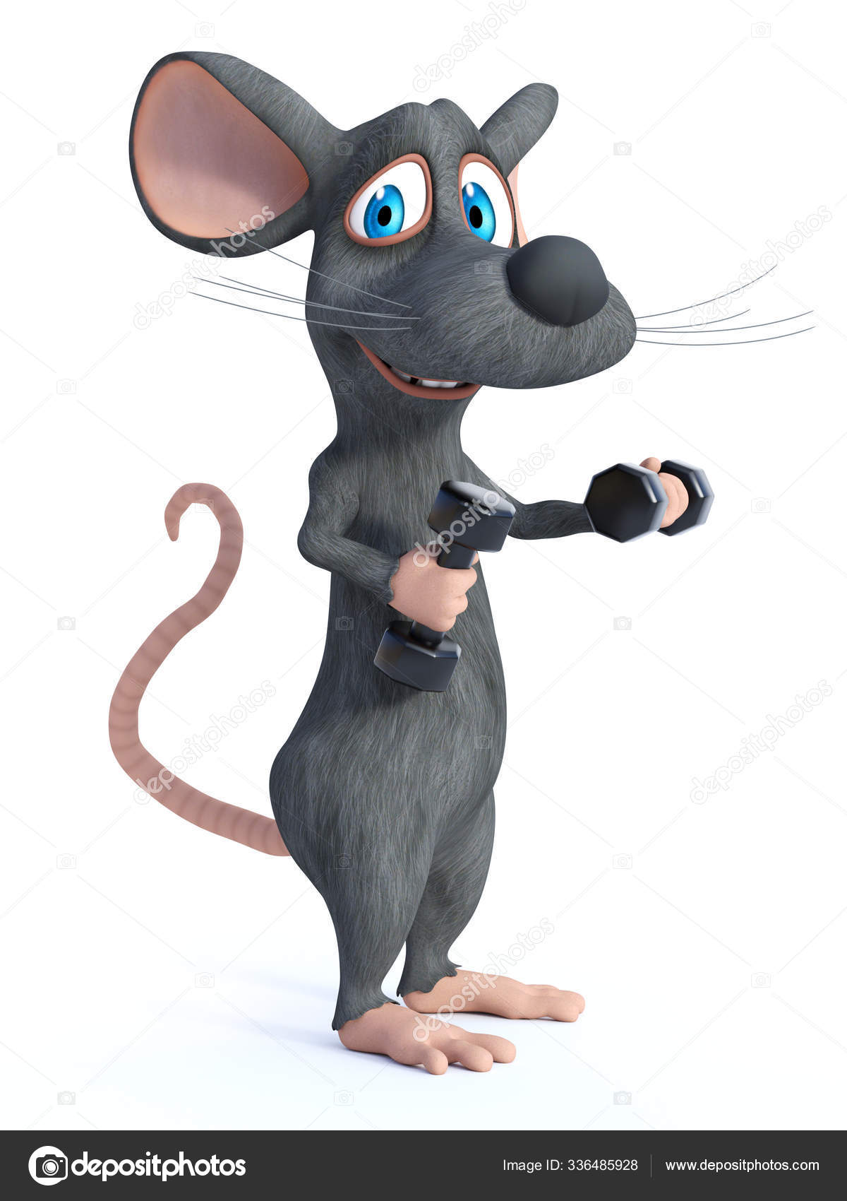 Rendering Cute Smiling Cartoon Mouse Exercising Dumbbells White ...