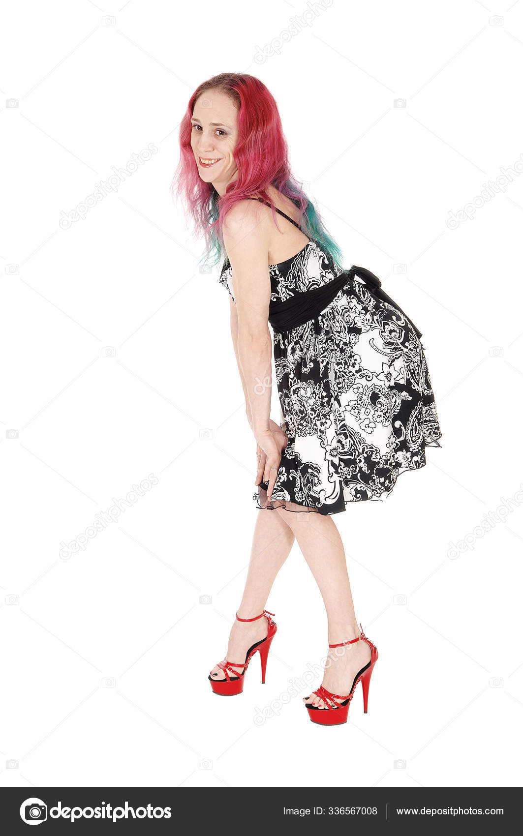 Beautiful Young Slim Woman Standing Short Dress Red High Heels Stock ...