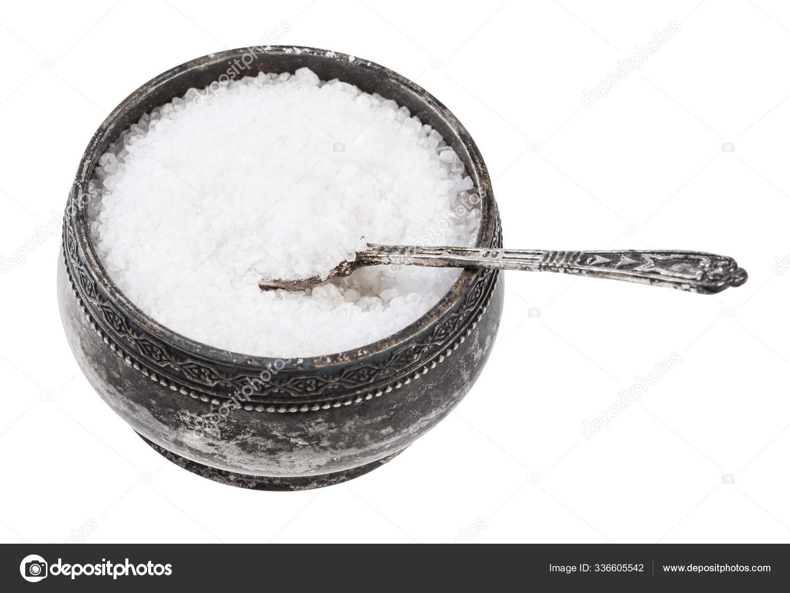 Old Silver Salt Cellar Spoon Grained Rock Salt Isolated White — Stock ...