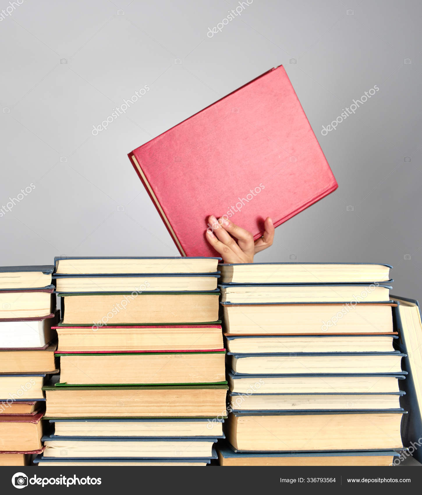Stack Different Books Gray Background Hand Hold Book Red Hardcover ...