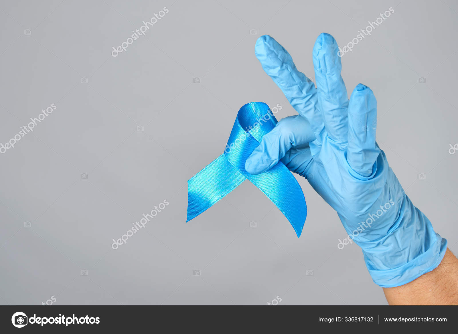 Hand Blue Latex Glove Holding Blue Ribbon His Hand Symbol — Stock Photo ...