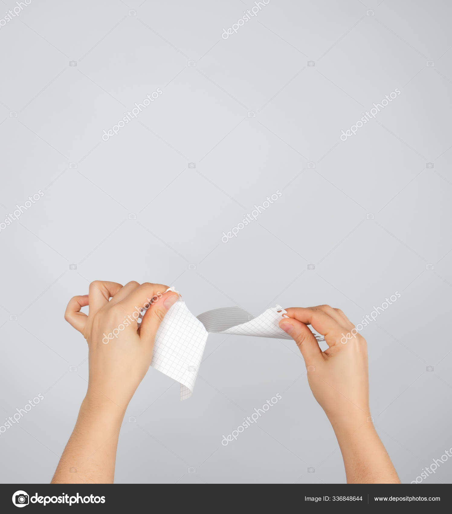 Two Hands Tearing Half White Sheet Paper Gray Background Stock Photo by ...