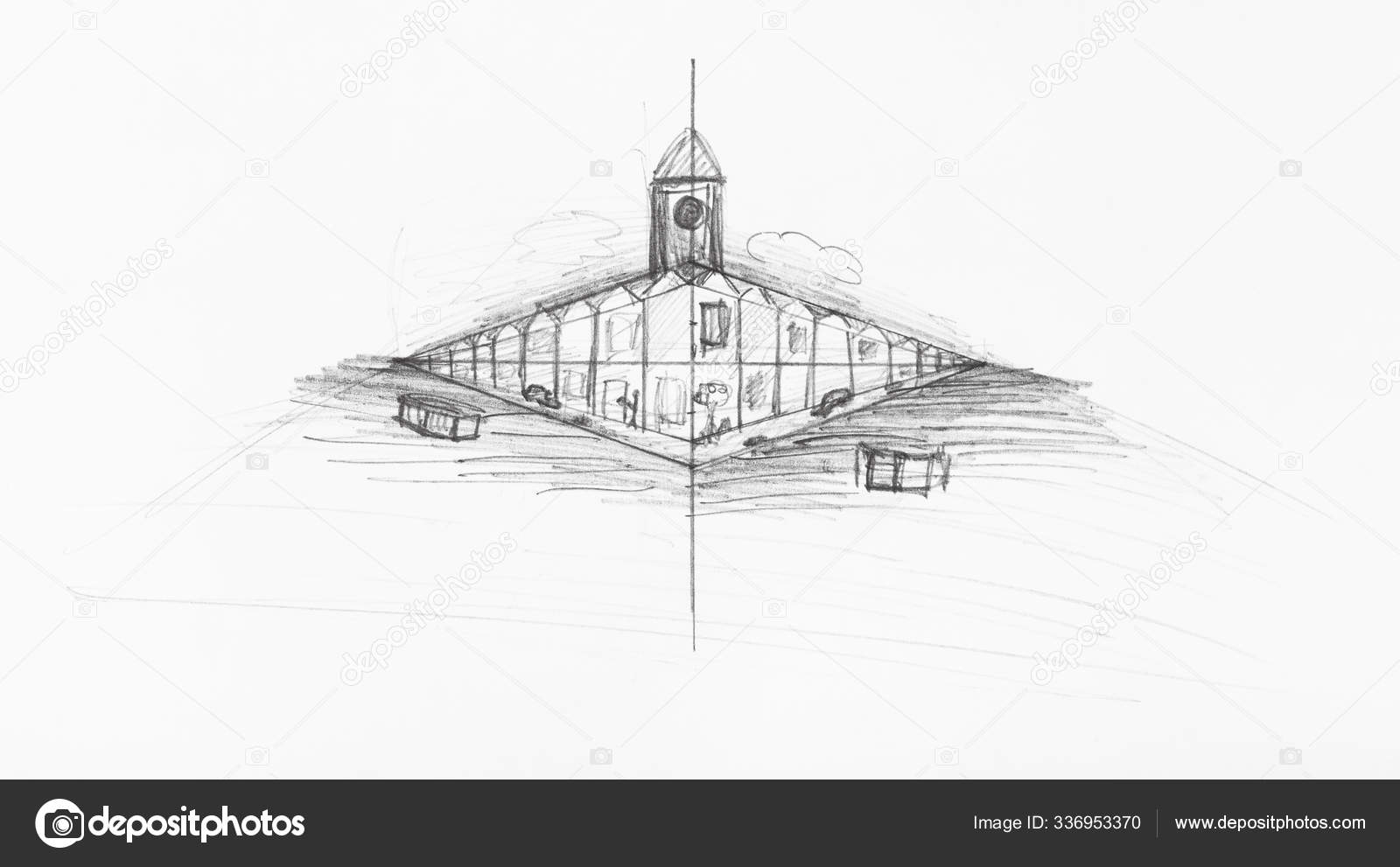 Sketch Urban Building Hand Drawn Convergence Lines Black Pencil White ...
