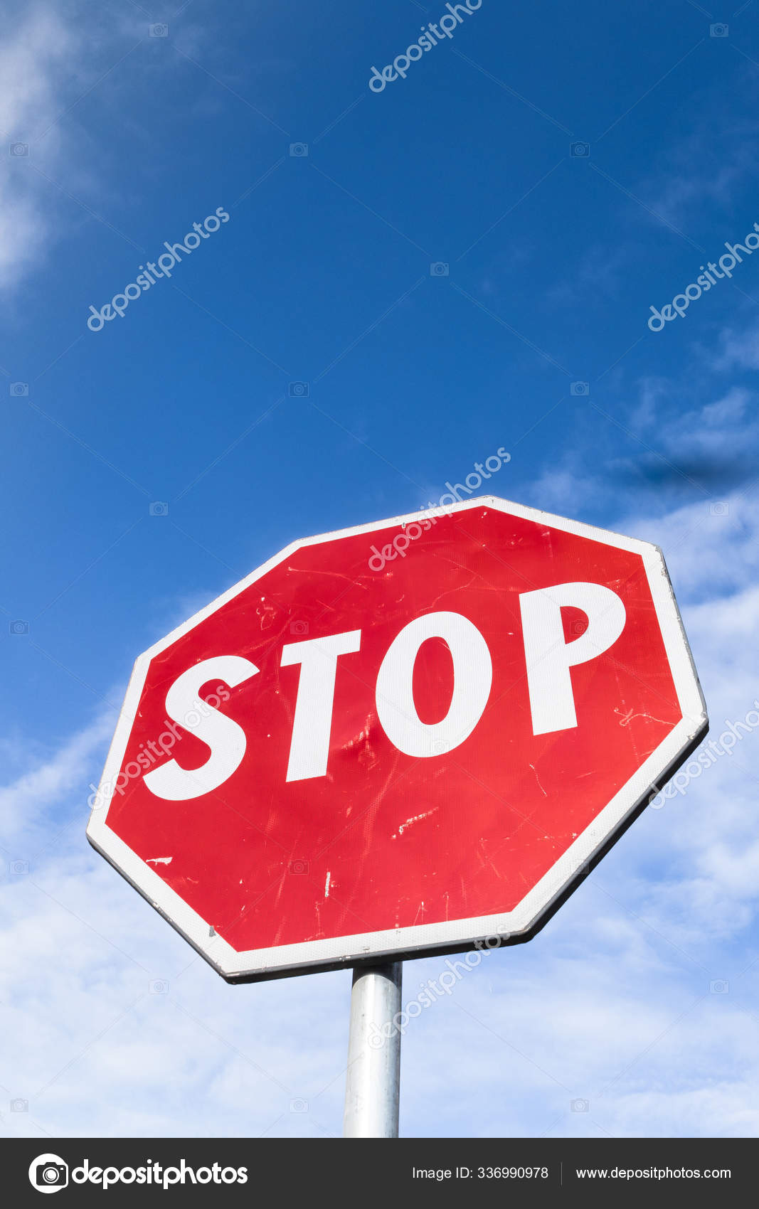 Stop Sign Blue Sky White Clouds Bottom View Space Text Stock Photo by ...