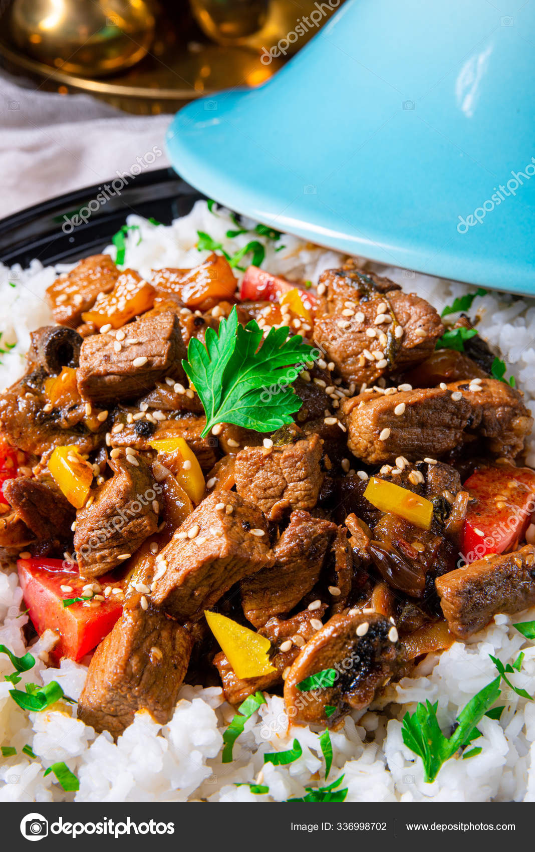 Tajin Beef Stew Rice Paprika Sesame Seeds Stock Photo by ...