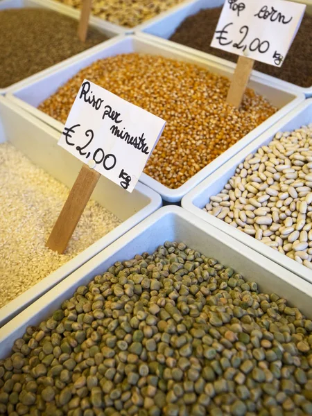 Colorful array of pulses, grains and rice, Catania, Sicily, Italy ...