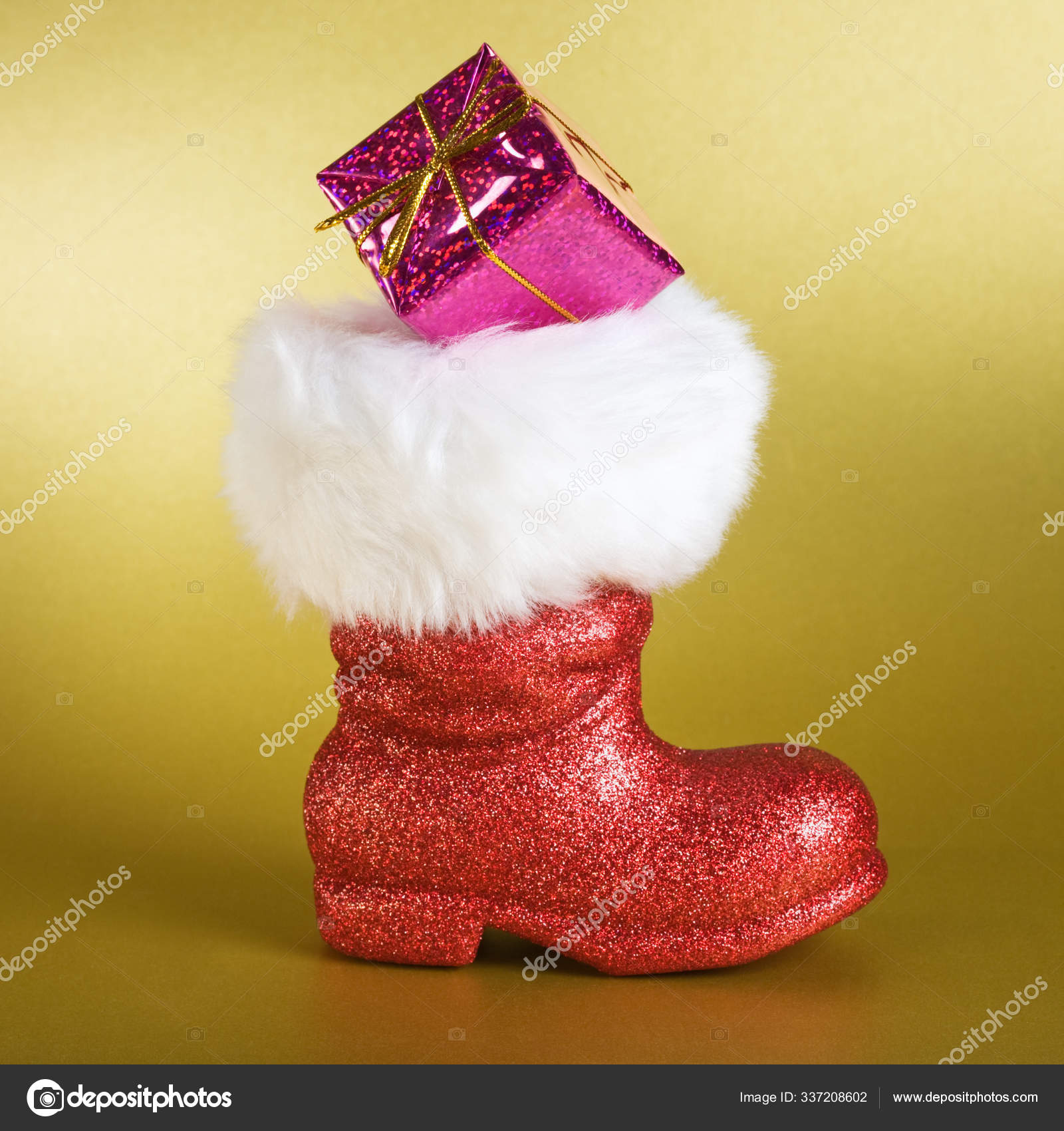 Red Santa Boot Gift Box Gold Background — Stock Photo ...