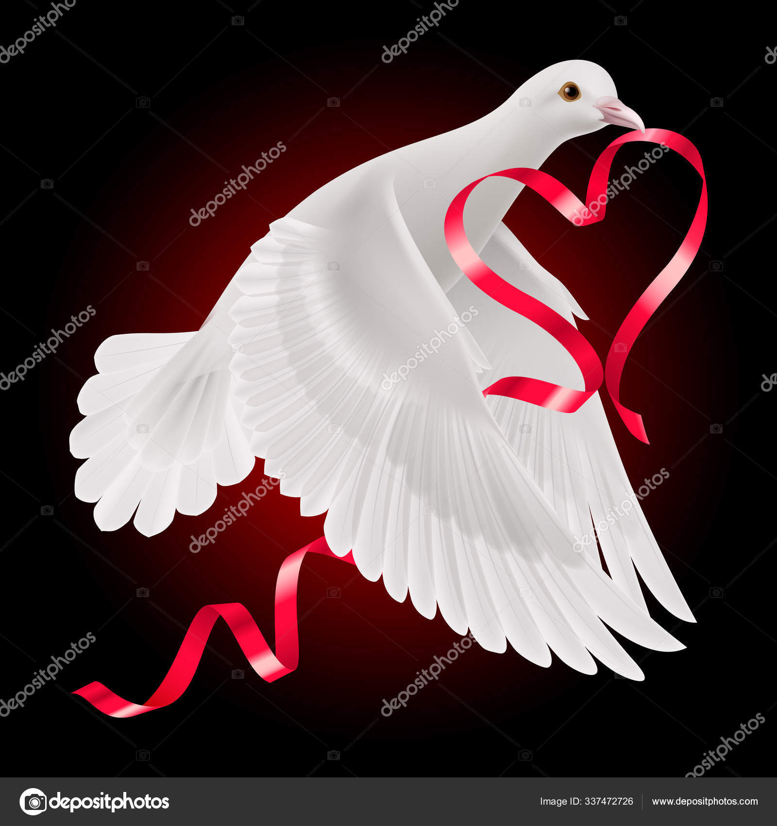 Colombe Blanche Avec Ruban Rouge Sur Fond Sombre — Illustration de ...