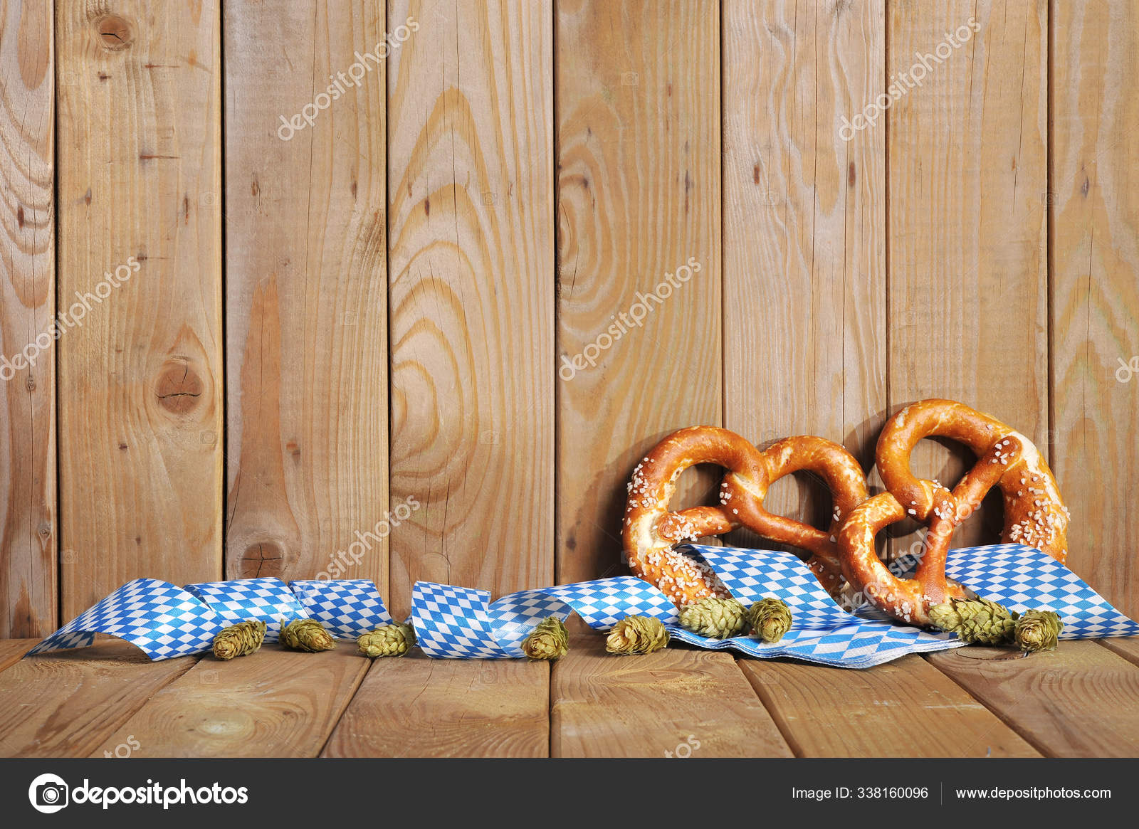 Two Original Bavarian Pretzels Hops Bavarian Diamond Pattern Old Wooden ...