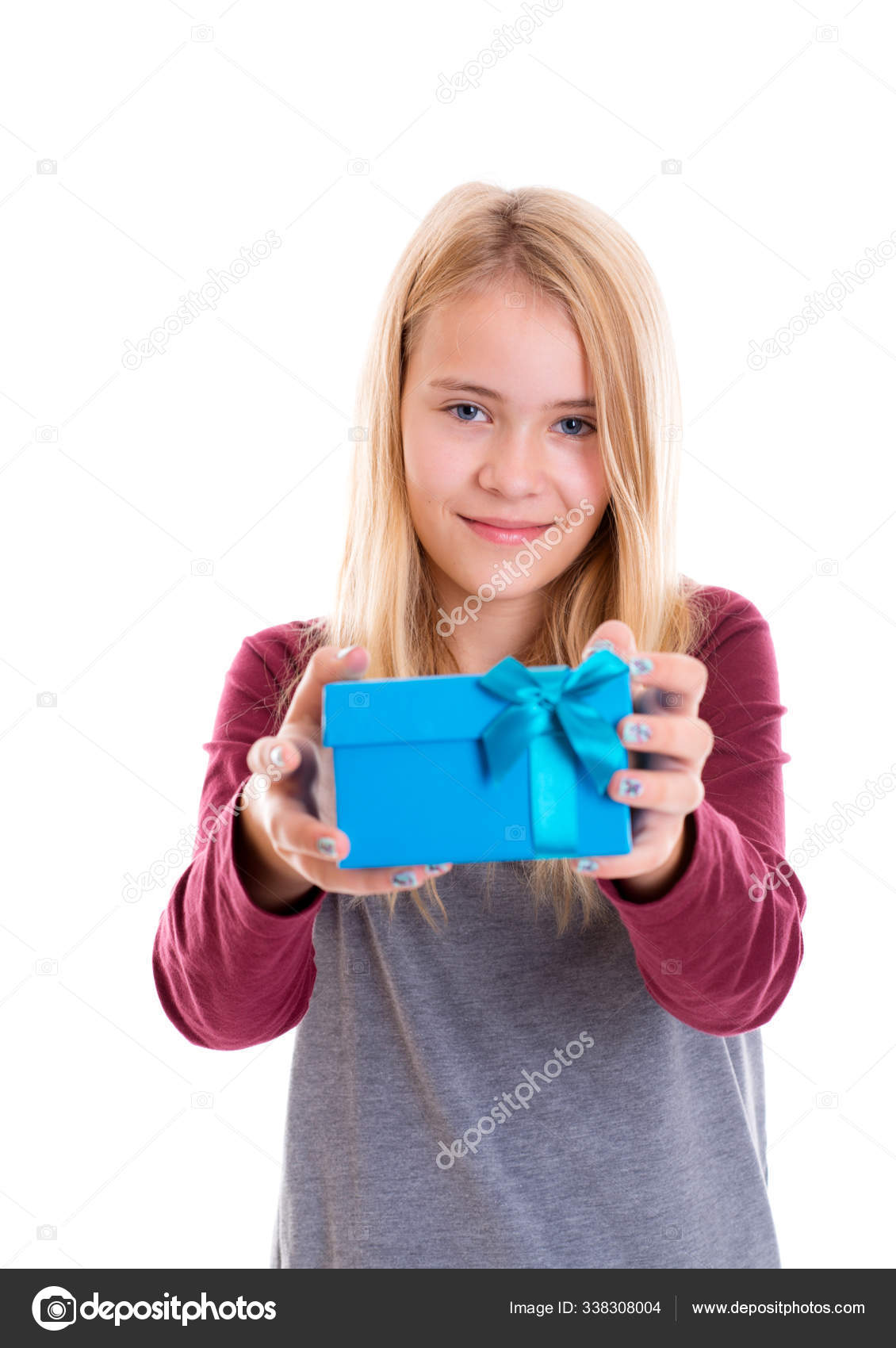Portrait Nice Blond Girl Blue Gift Box — Stock Photo ...