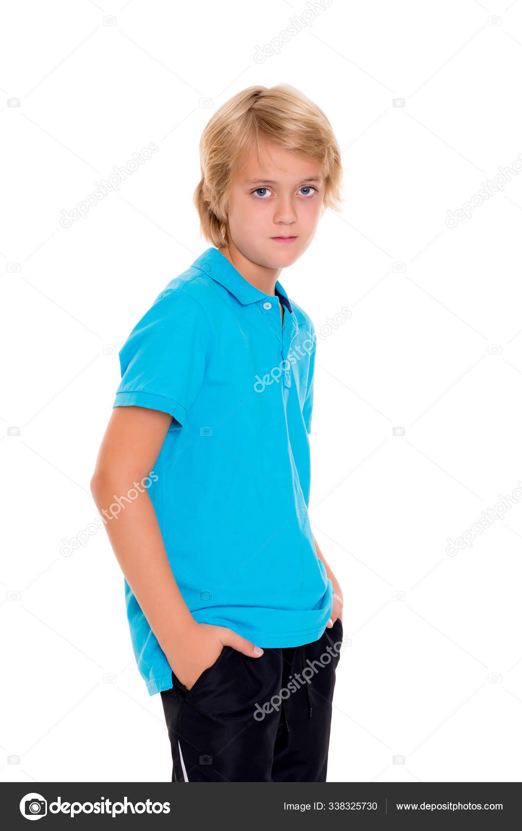 Portrait Serious Blond Boy Front White Background — Stock Photo ...