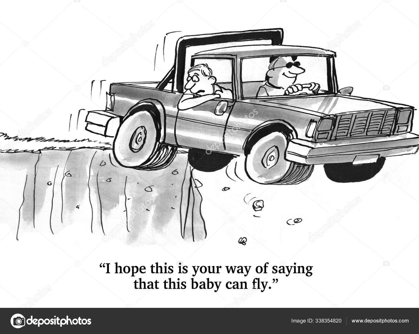 Midlife Crisis Cartoon Man Driving His Truck Cliff His Friend Stock ...