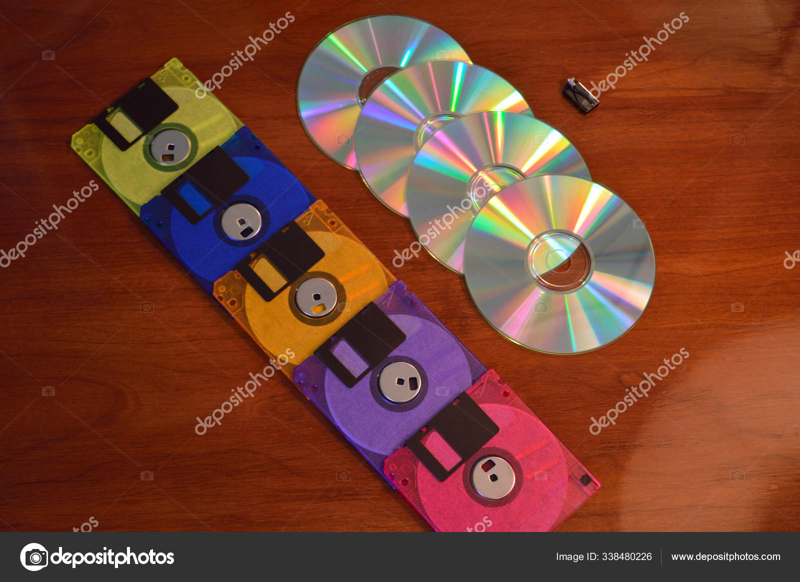 Floppy Disks Roms Flash Drive Showing Progression Technology — Stock ...