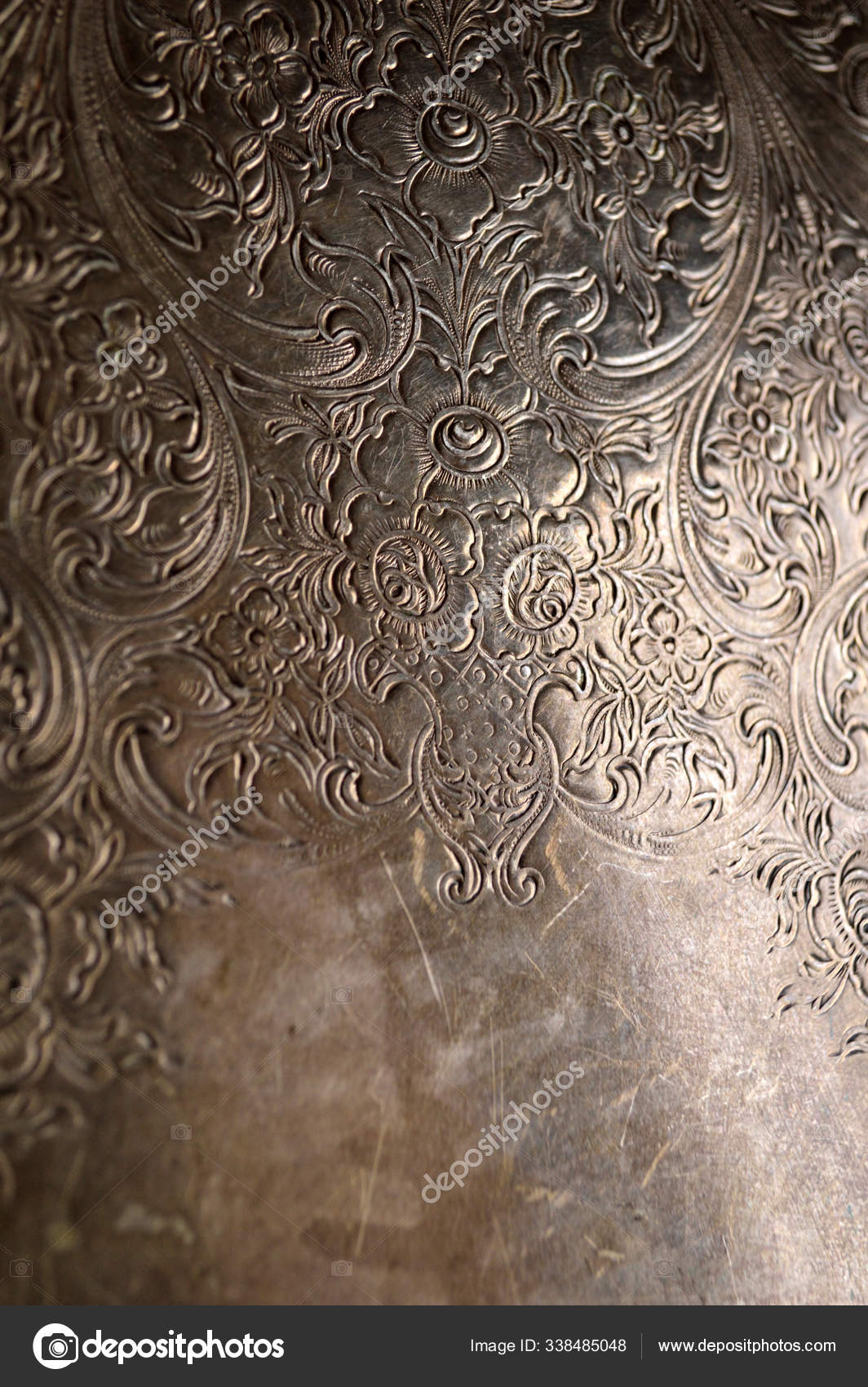 Closeup Tarnished Antique Silver Scrollwork Carving Flowers Stock Photo ...