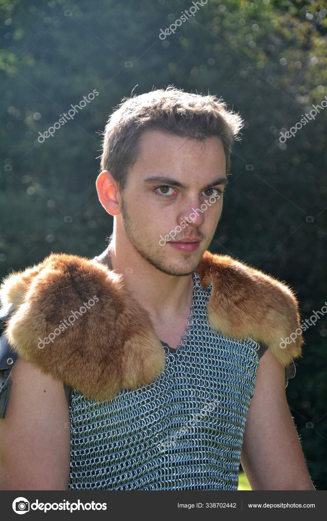 Young Medieval Black Haired Man Chain Mail Coat Shoulders Looks — Stock ...