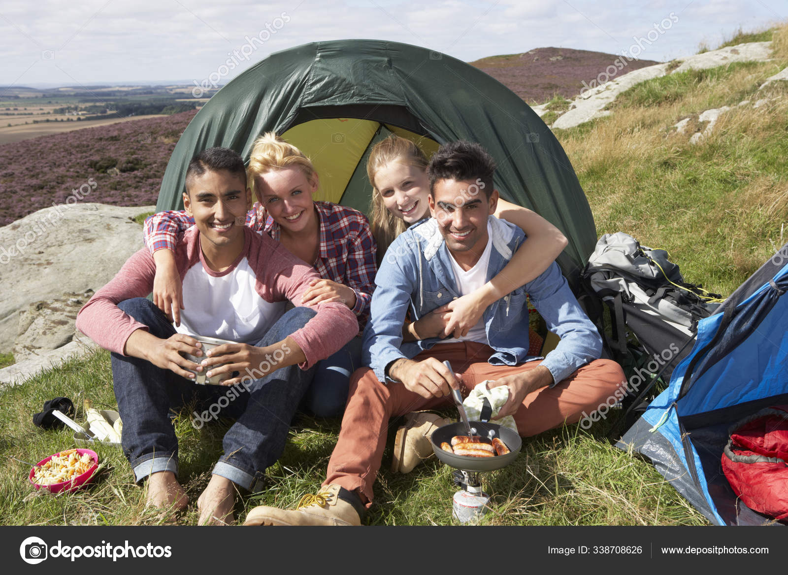 Group Young People Camping Trip Countryside Stock Photo by ...