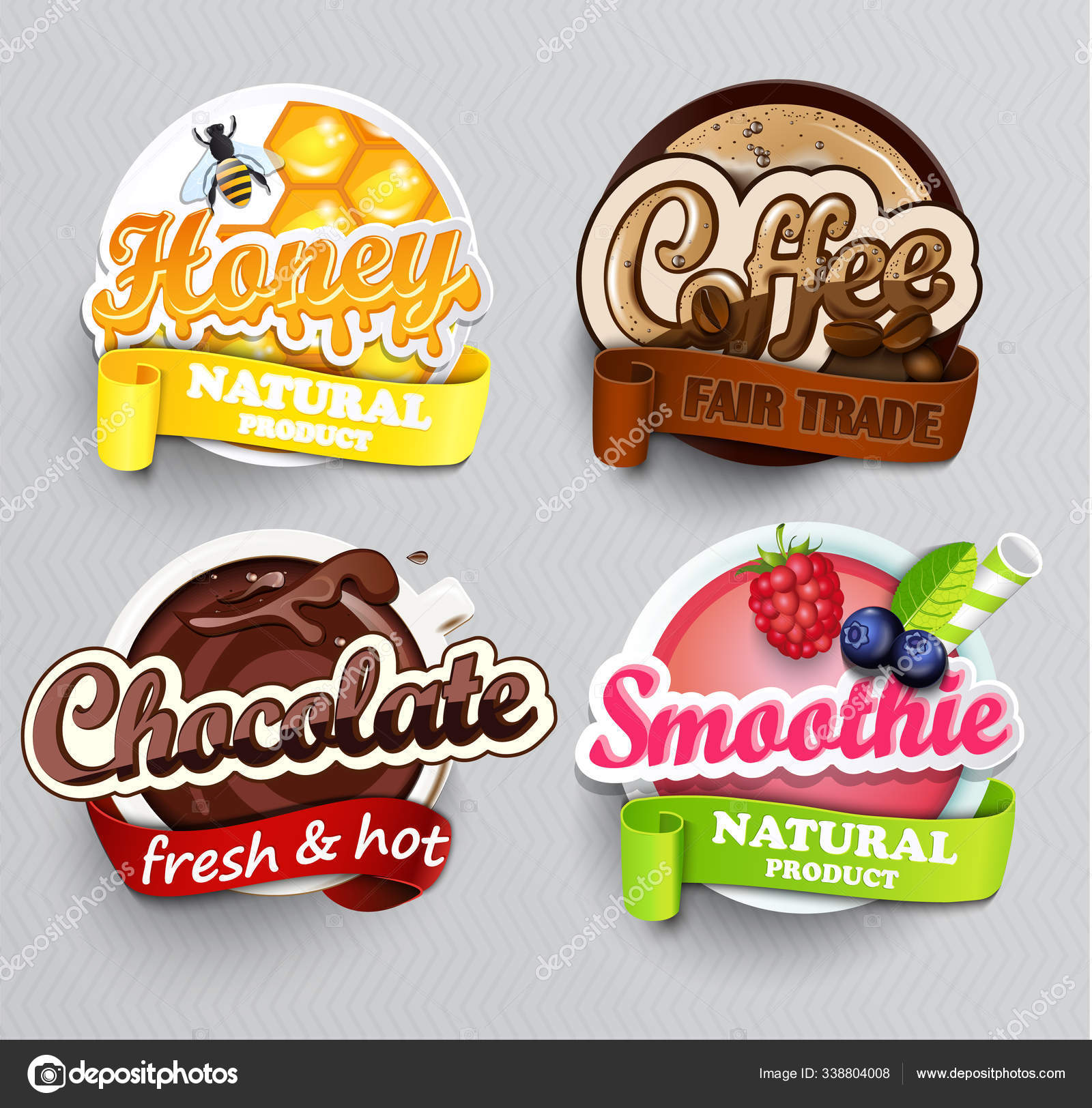 Set Stickers Drinks Chocolate Coffee Smoothie Honey Vector — Stock ...