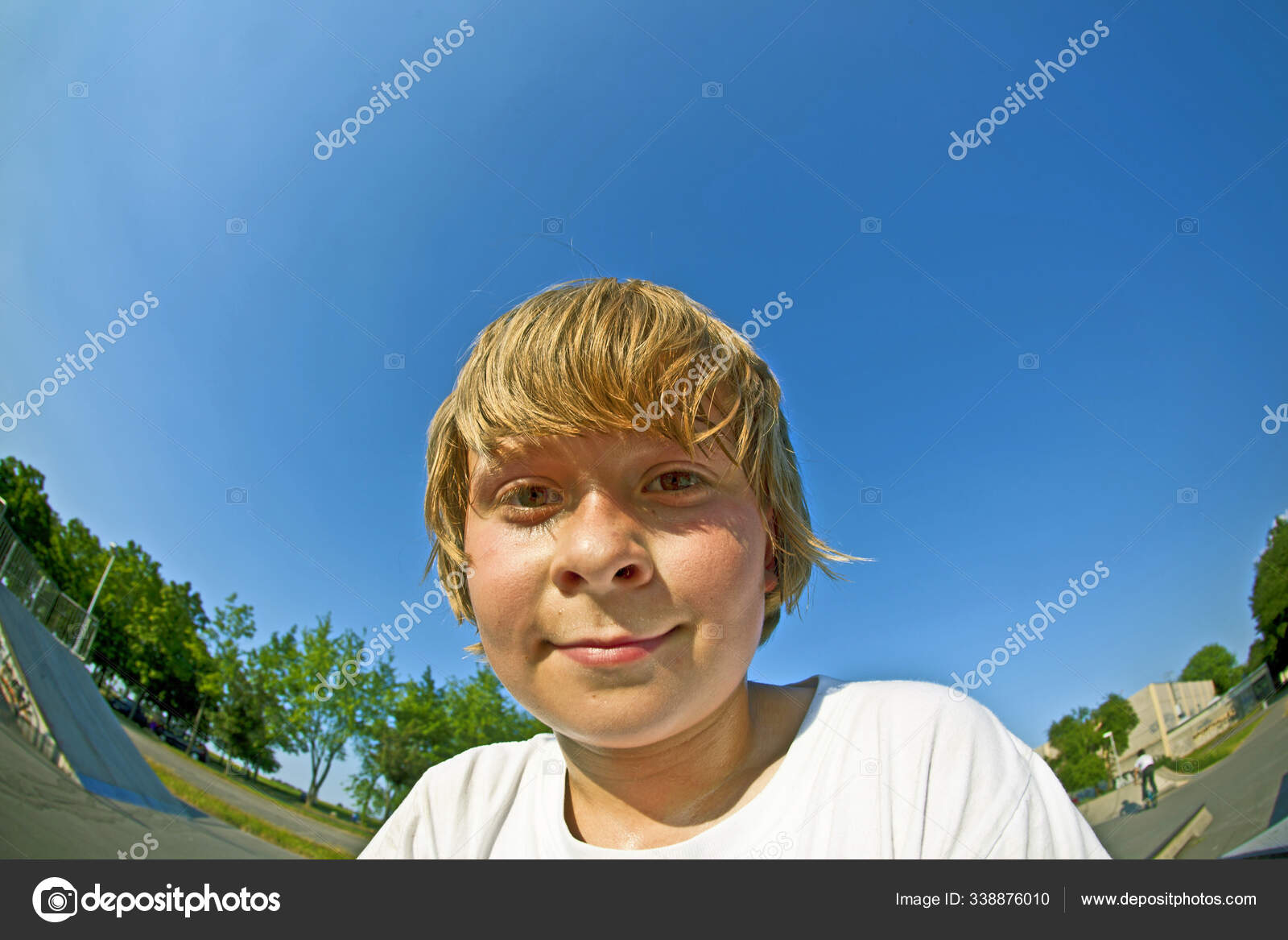 Boy Skatepark Smiles Very Happy Confident Sweat Drops Face Fron — Stock ...