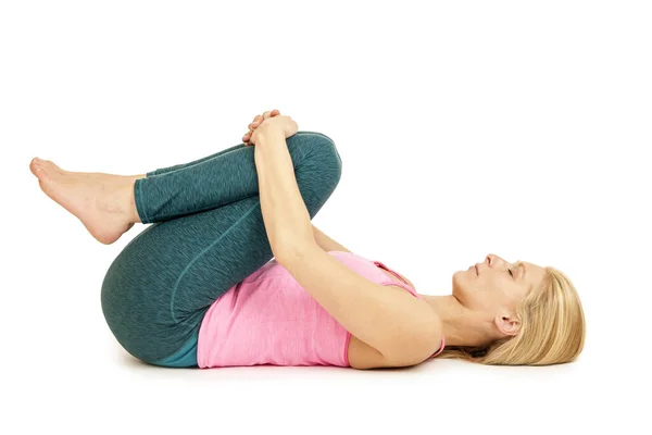 Full Body View Young Blond Woman Doing Yoga Exercises Front — Stock ...
