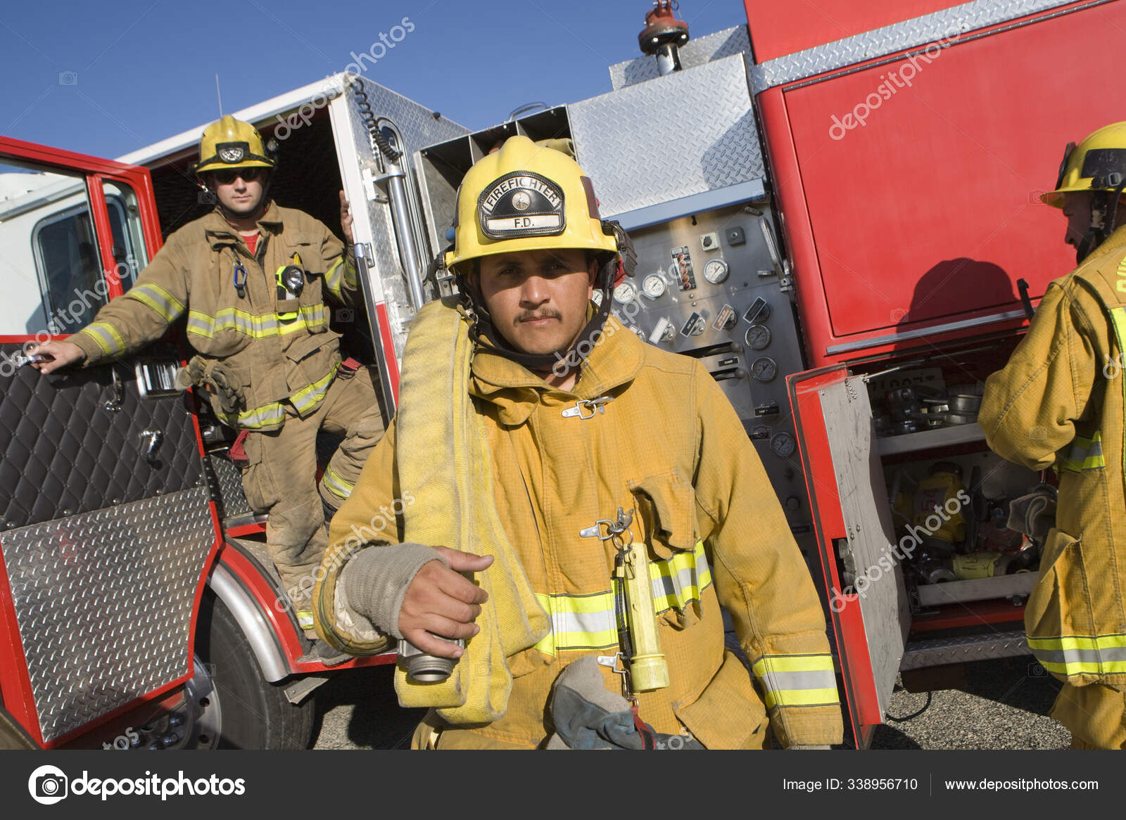 Portrait Mature Fire Worker Coworkers Background Stock Photo by ...