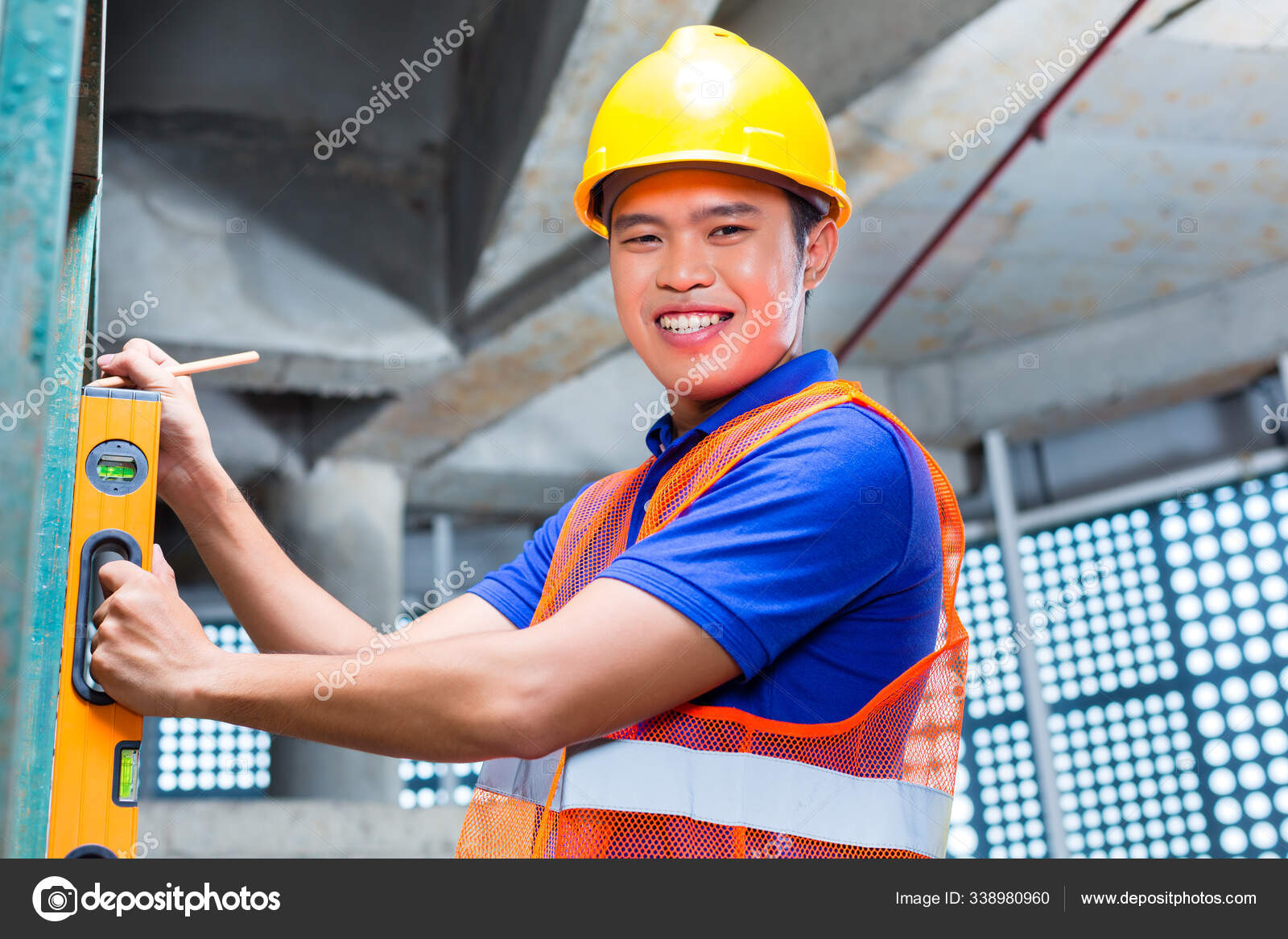 Asian Indonesian Builder Craftsman Hardhat Bubble Level Controlling ...