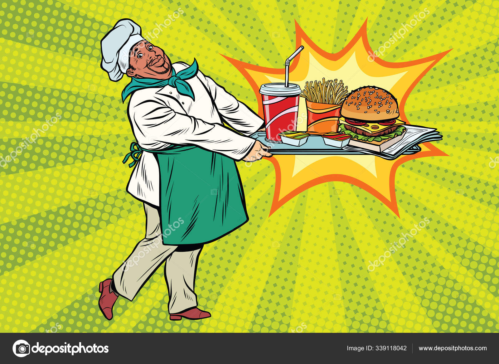 African Chef Brings Tray Fast Food Pop Art Retro Comic Stock ...