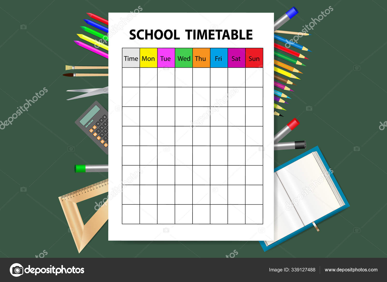 Vertically Oriented Vector School Timetable Green Background School ...