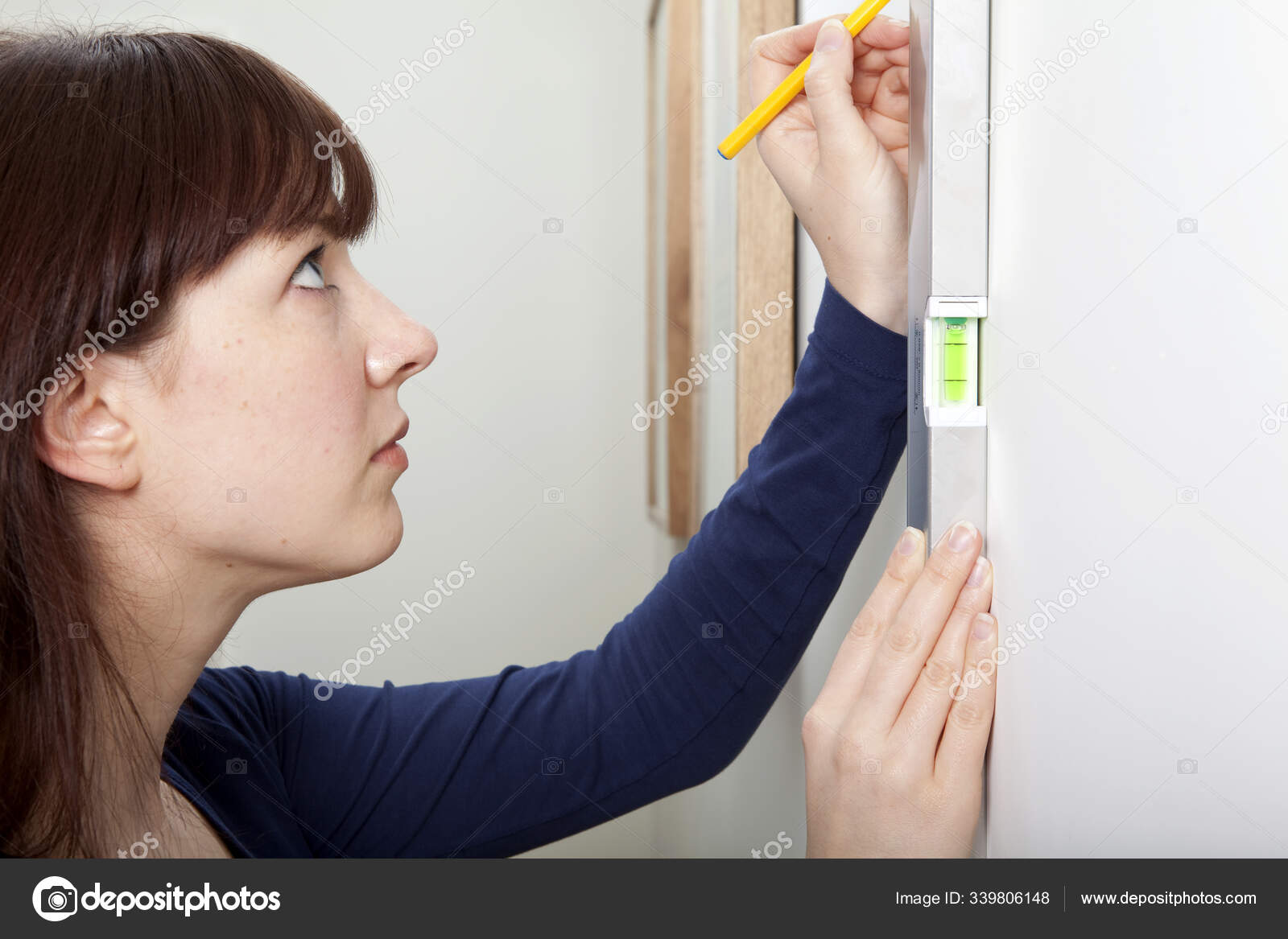 Woman Using Spirit Level Complete Diy Task Stock Photo by ...