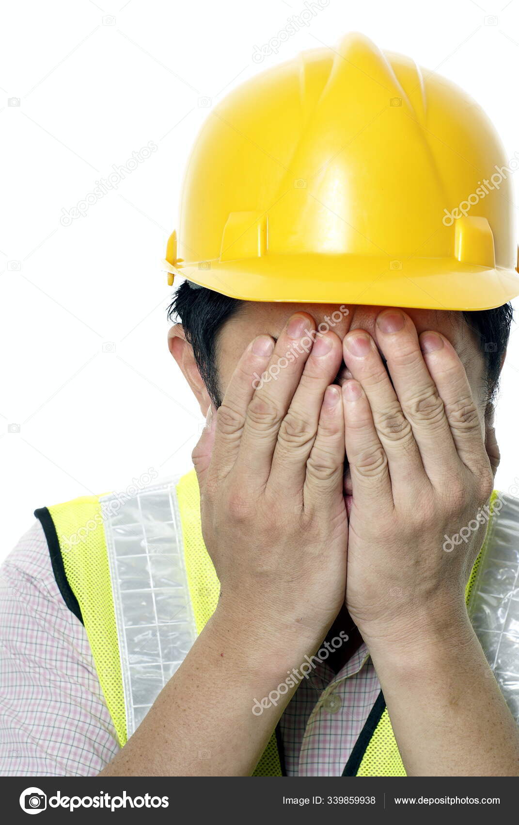 Asian Construction Contractor Remorse Expression Hands Covering Face ...