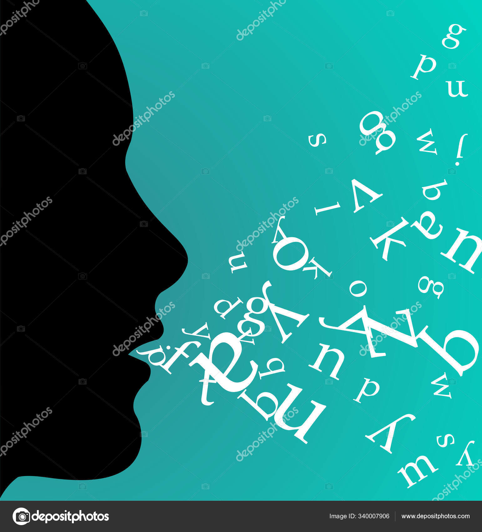 Female Profile Speaking Throwing Letters Her Mouth Green Background ...