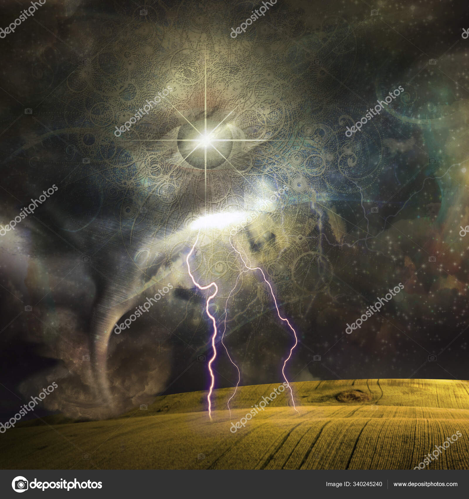 Raging Tornado Storm Open Landscape Lightning Strikes Mystical Eye ...