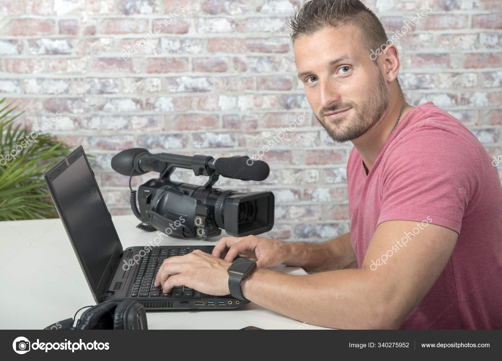 Video Editor Laptop Computer Professional Video Camera — Stock Photo ...