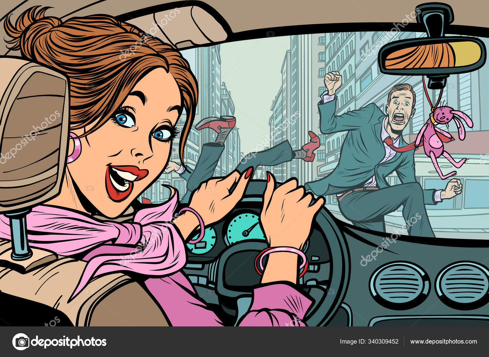 Cartoon Woman Driving On Road