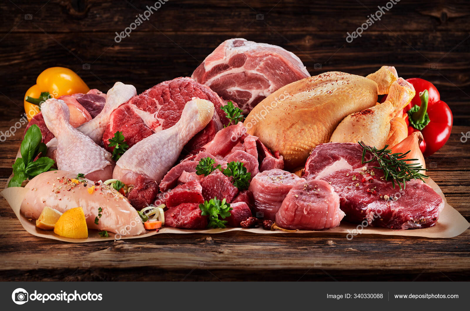 Raw Meat Assortment Cooking Paper Greens Vegetables Viewed Close Wooden ...