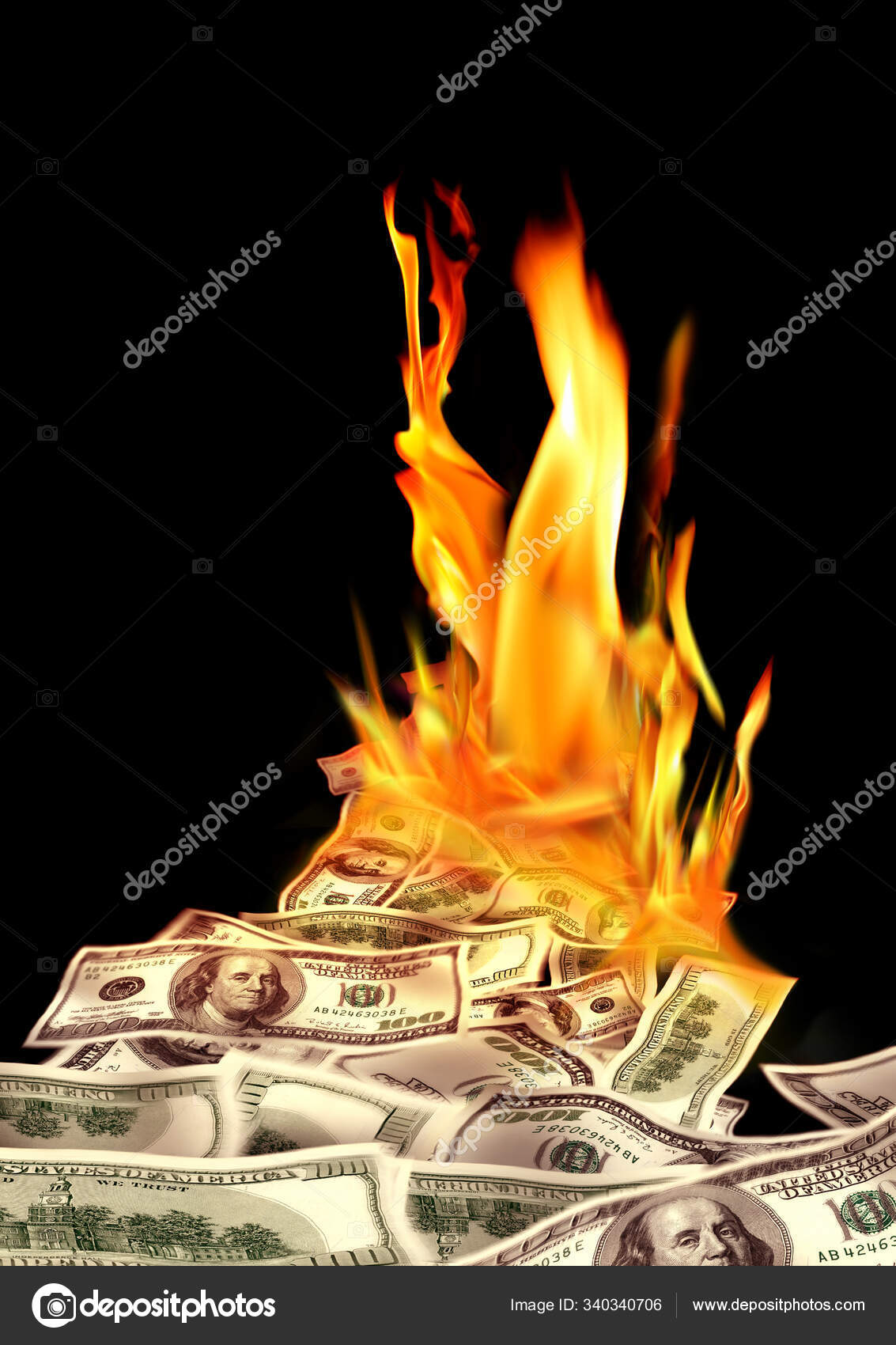 Conceptual Finance Image Burning Pile Money Dollar Bills Fire Flames ...