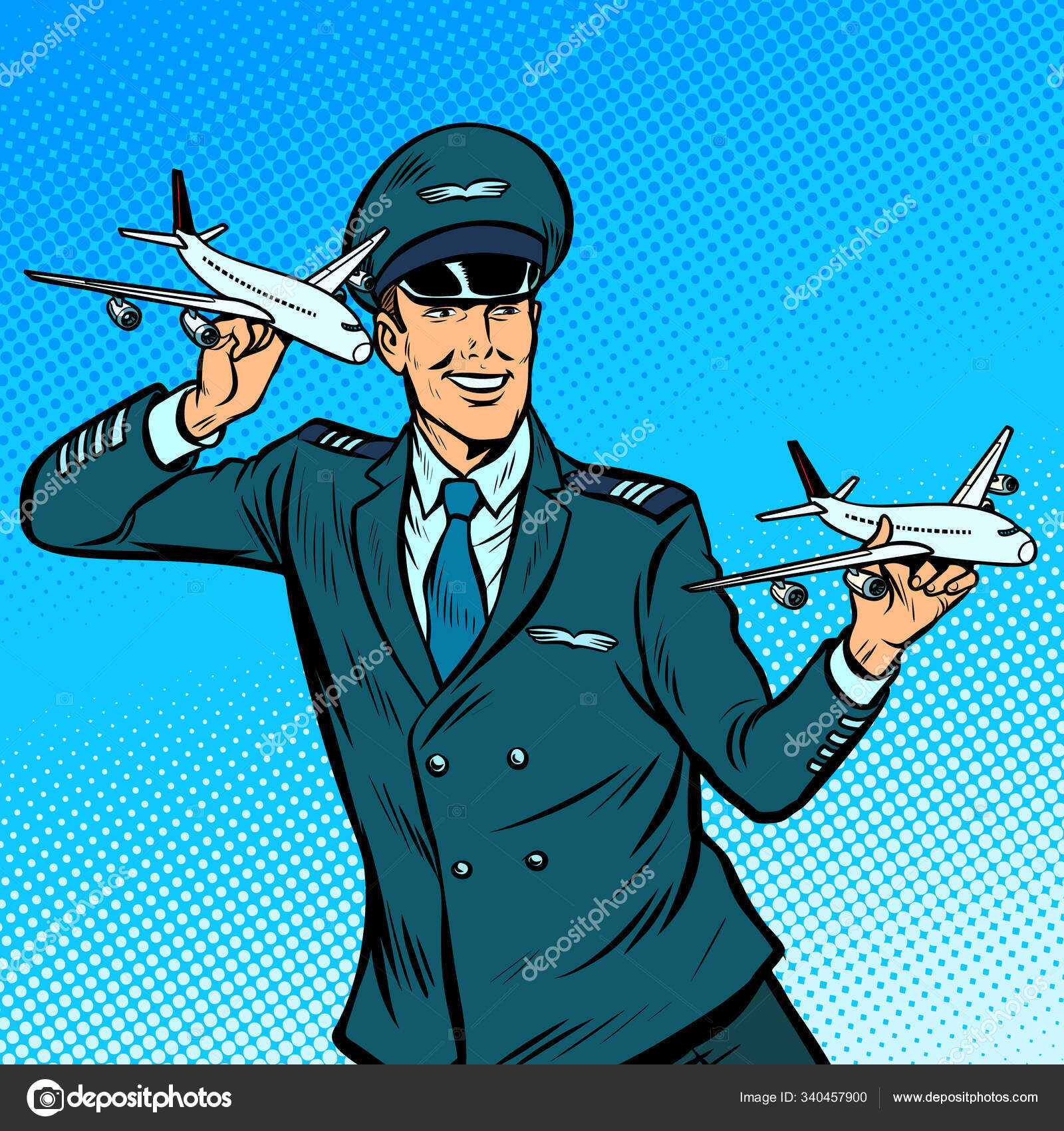Male Airplane Pilot Model Aircraft Hand Pop Art Retro Vector Stock ...