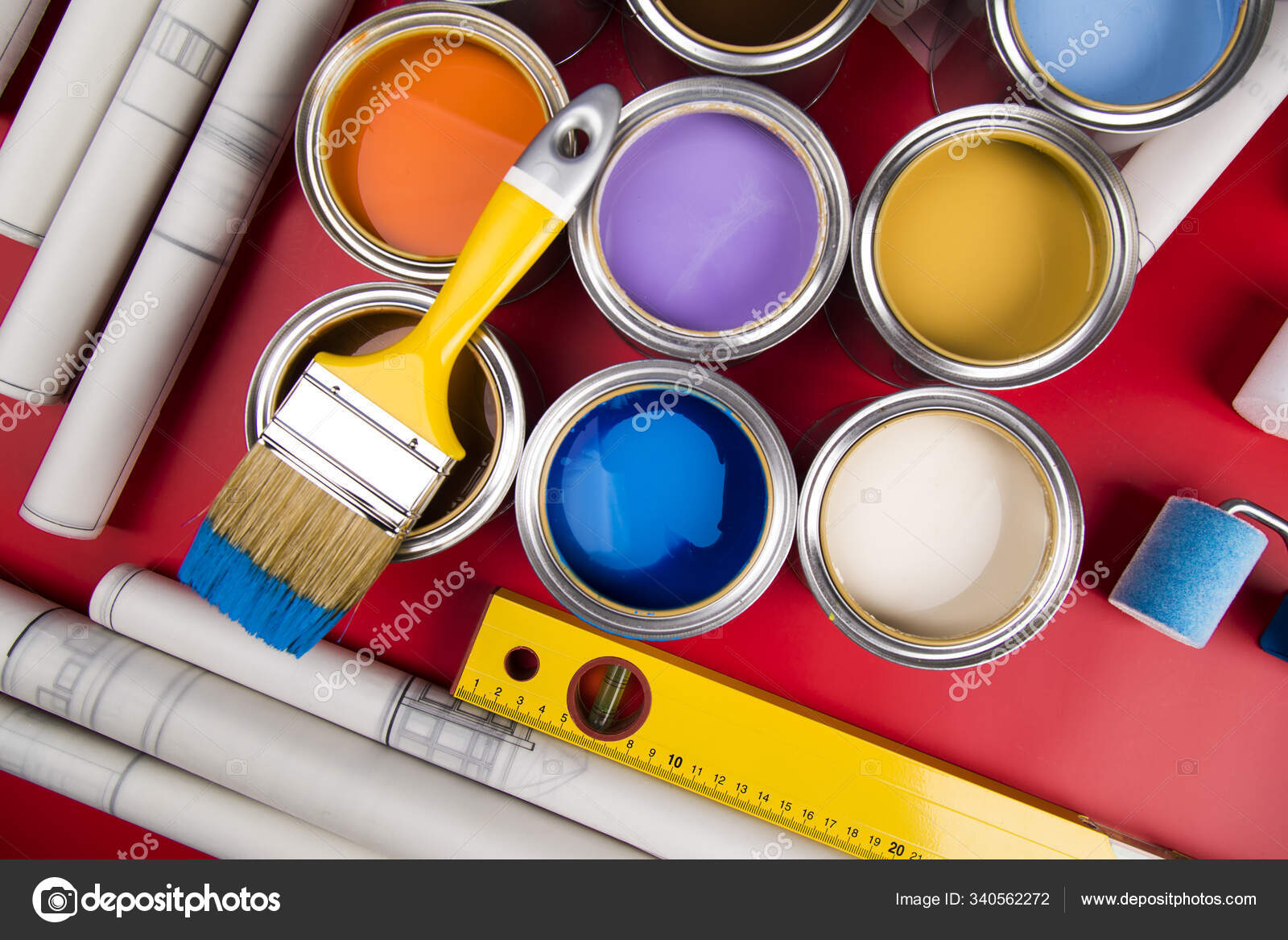 Collection Colored Paints Cans Brush Red Background Stock Photo by ...