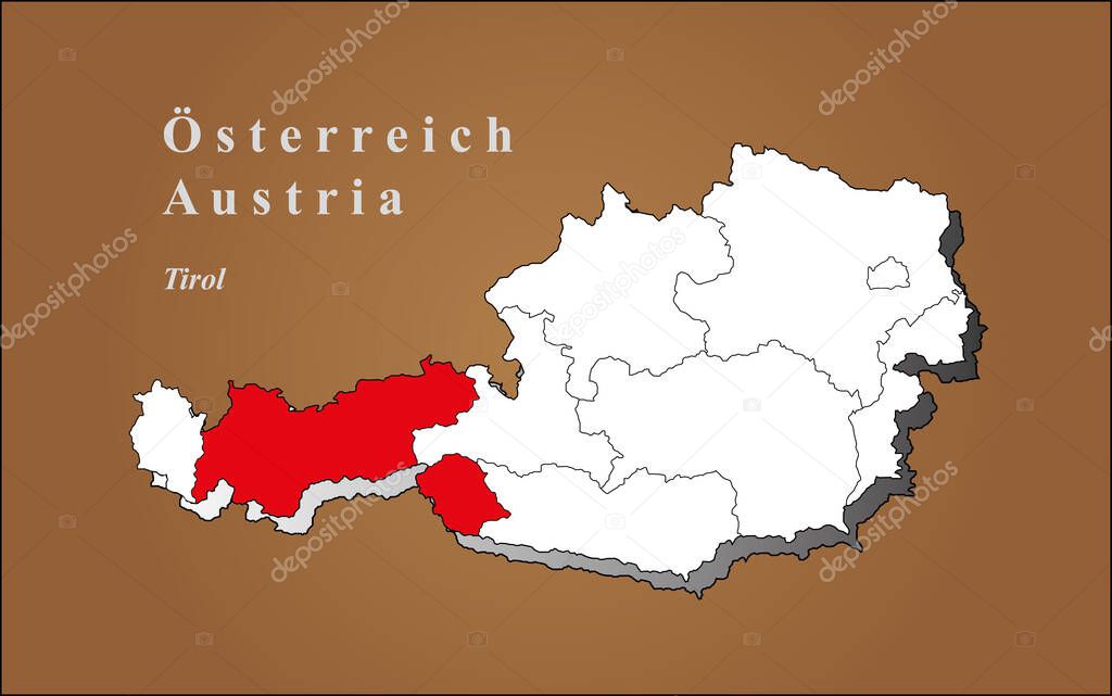 mapa austriaco en 3d sobre un fondo marrón. Tirol resaltado. austria ...