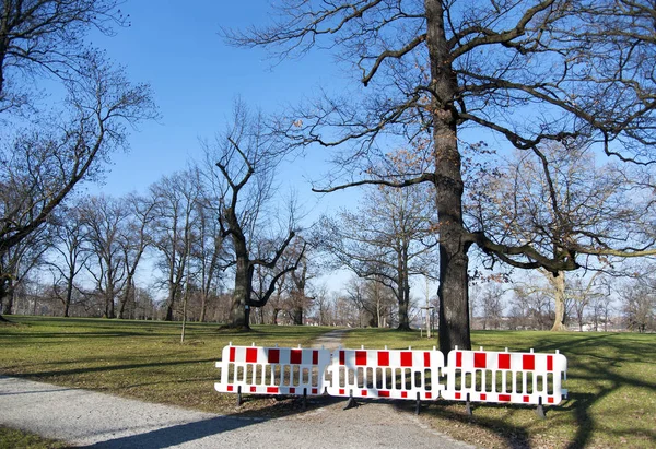 a red and white shut-off beacon between trees in the evening light in ...