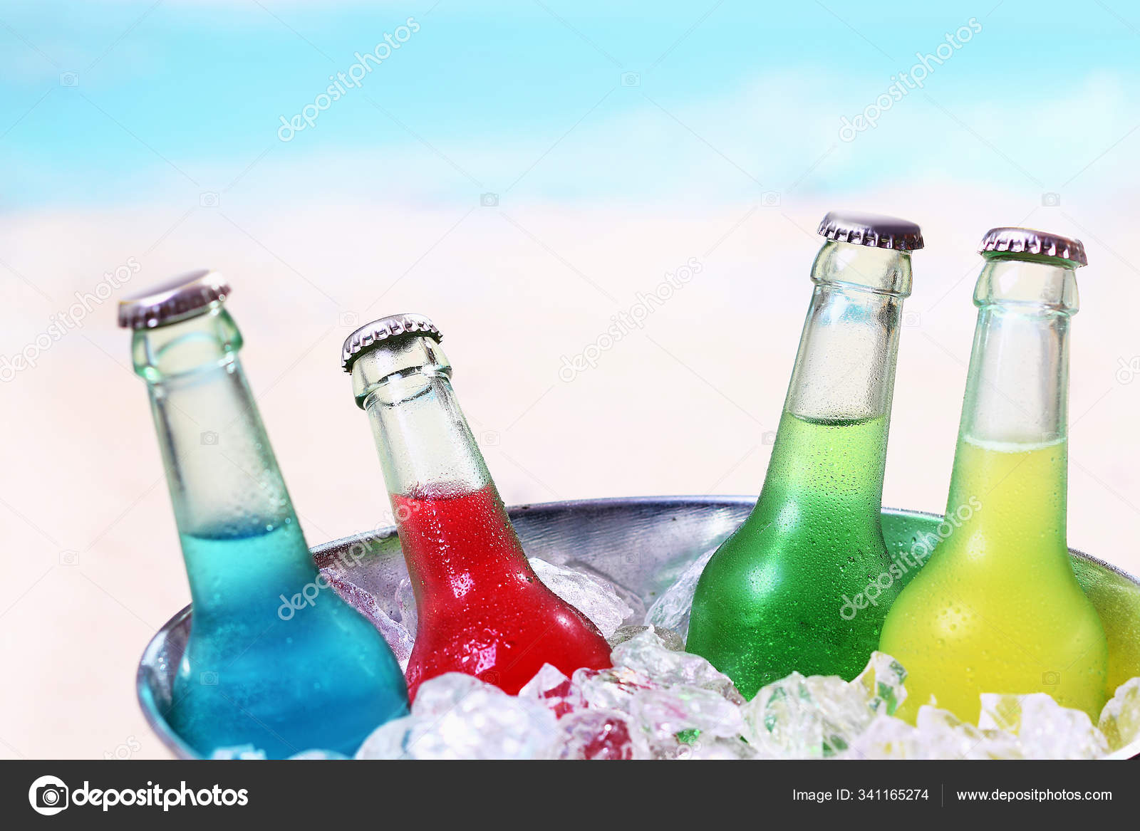 Colourful Chilled Soda Drinks Unlabeled Glass Bottles Standing Metal ...