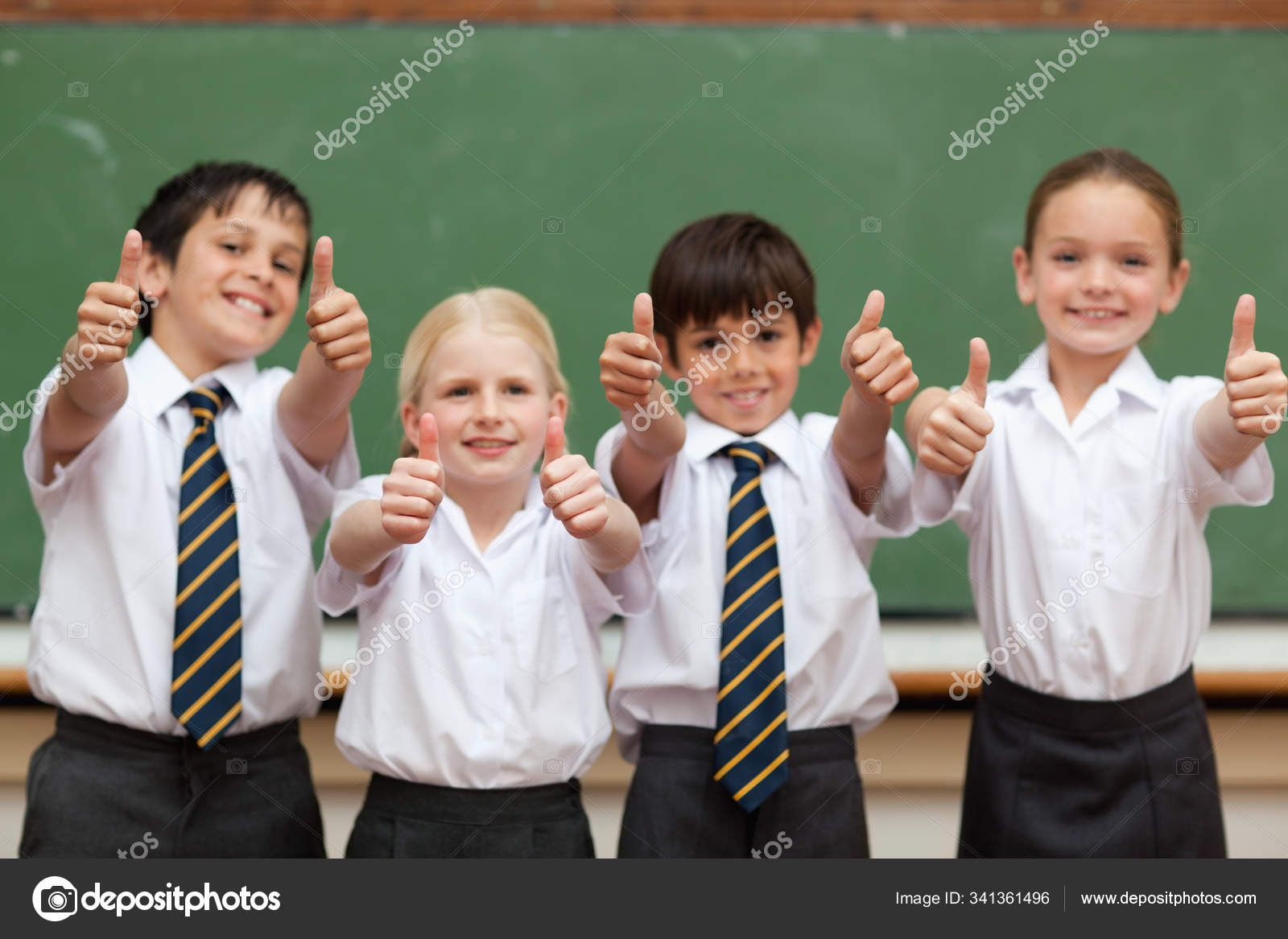 Smiling Students School Uniforms Giving Thumbs — Stock Photo ...