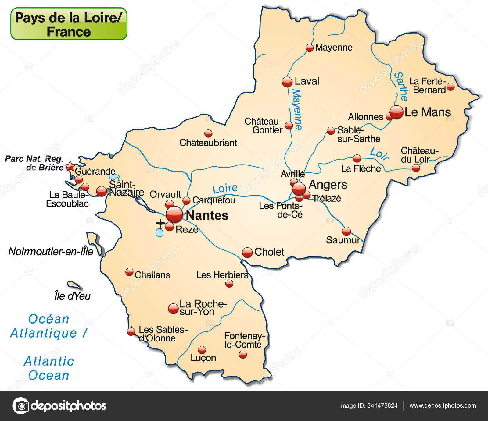 Map Pays Loire Overview Map Pastel Orange Stock Photo by ...